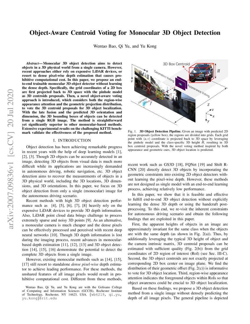 Object-Aware Centroid Voting for Monocular 3D Object Detection | DeepAI