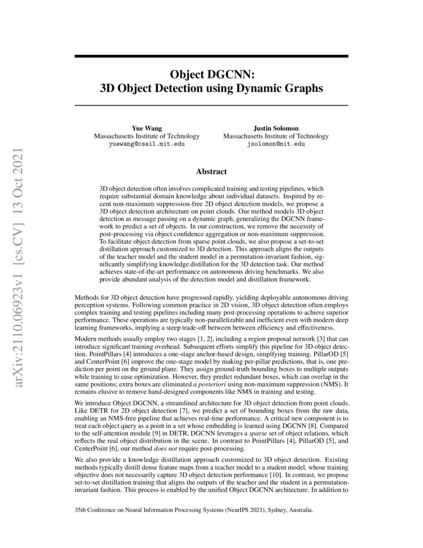 Object Dgcnn 3d Object Detection Using Dynamic Graphs Deepai