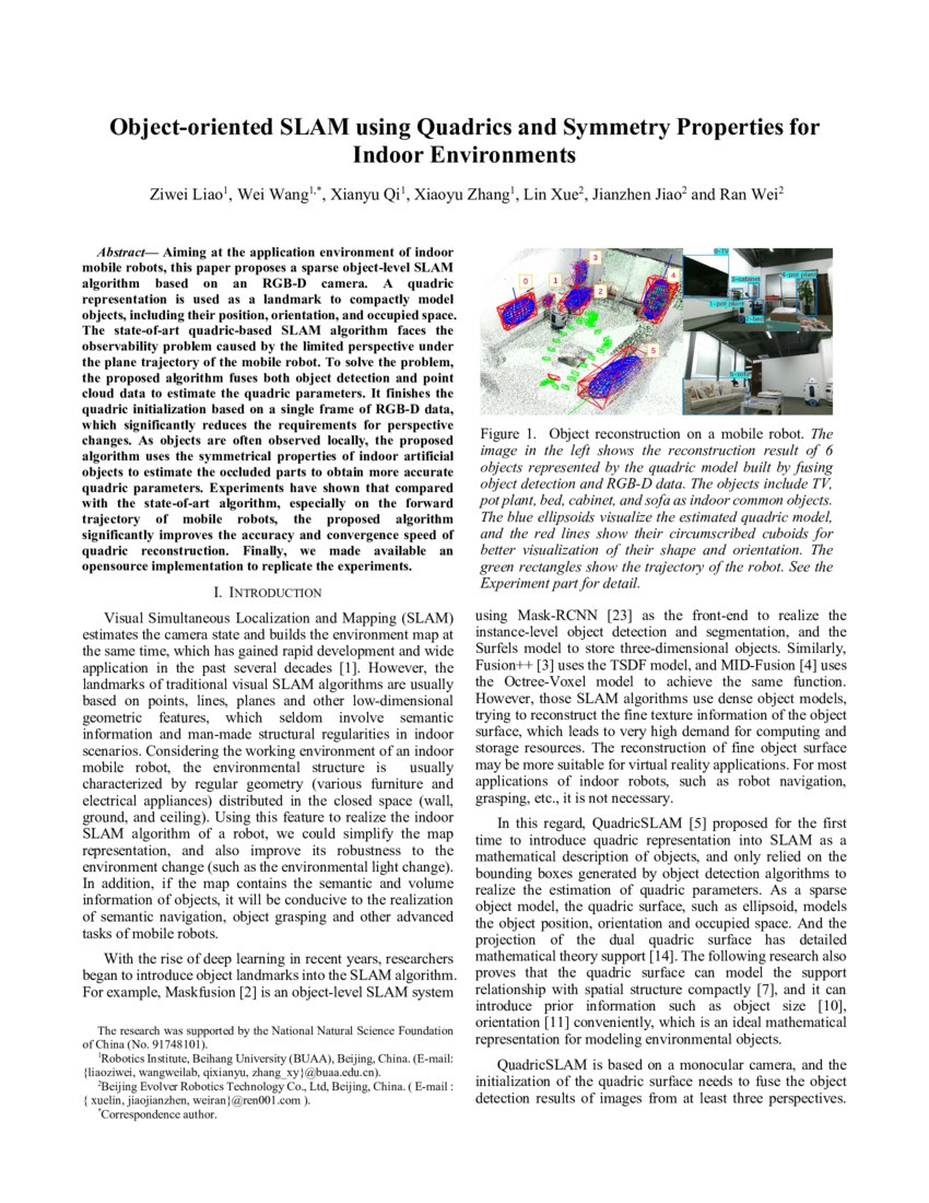 Object Oriented Slam Using Quadrics And Symmetry Properties For Indoor Environments Deepai 