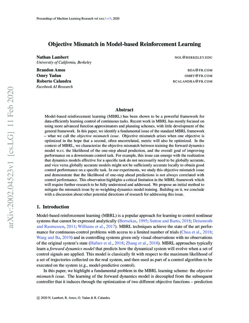 Objective Mismatch In Model Based Reinforcement Learning Deepai