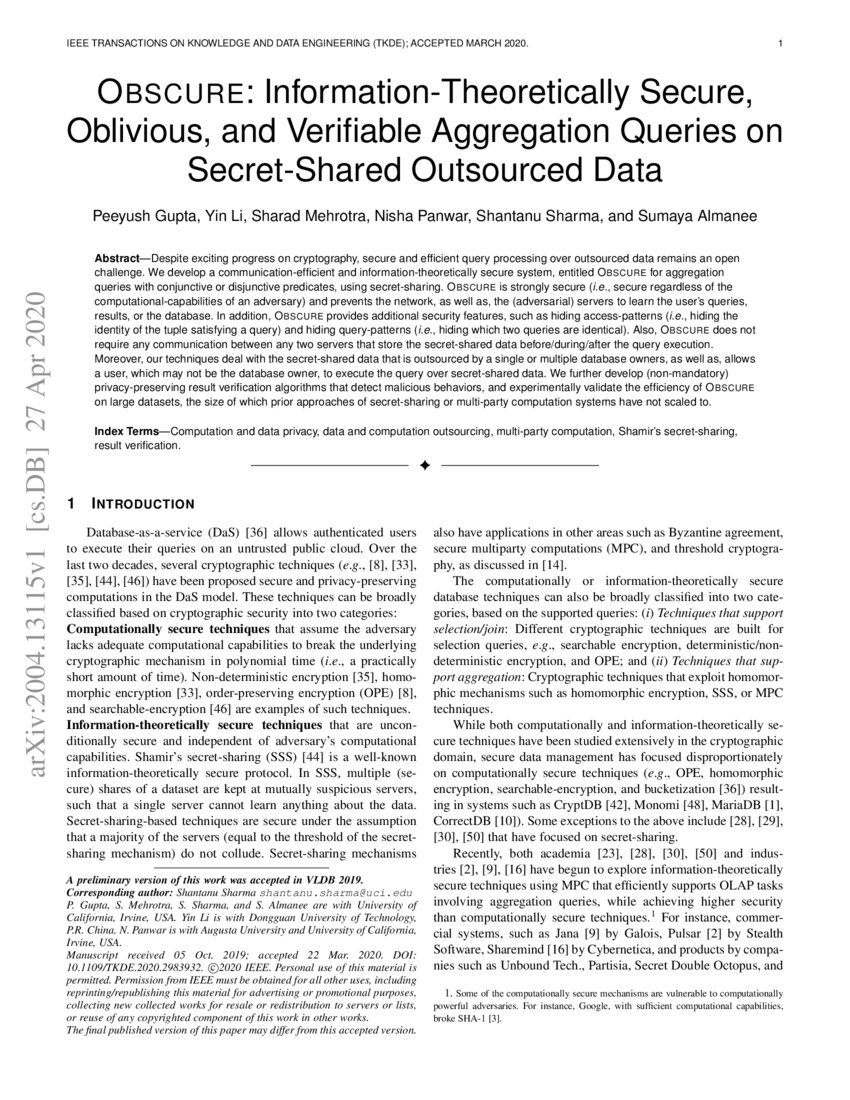 Obscure Information Theoretically Secure Oblivious And Verifiable Aggregation Queries On