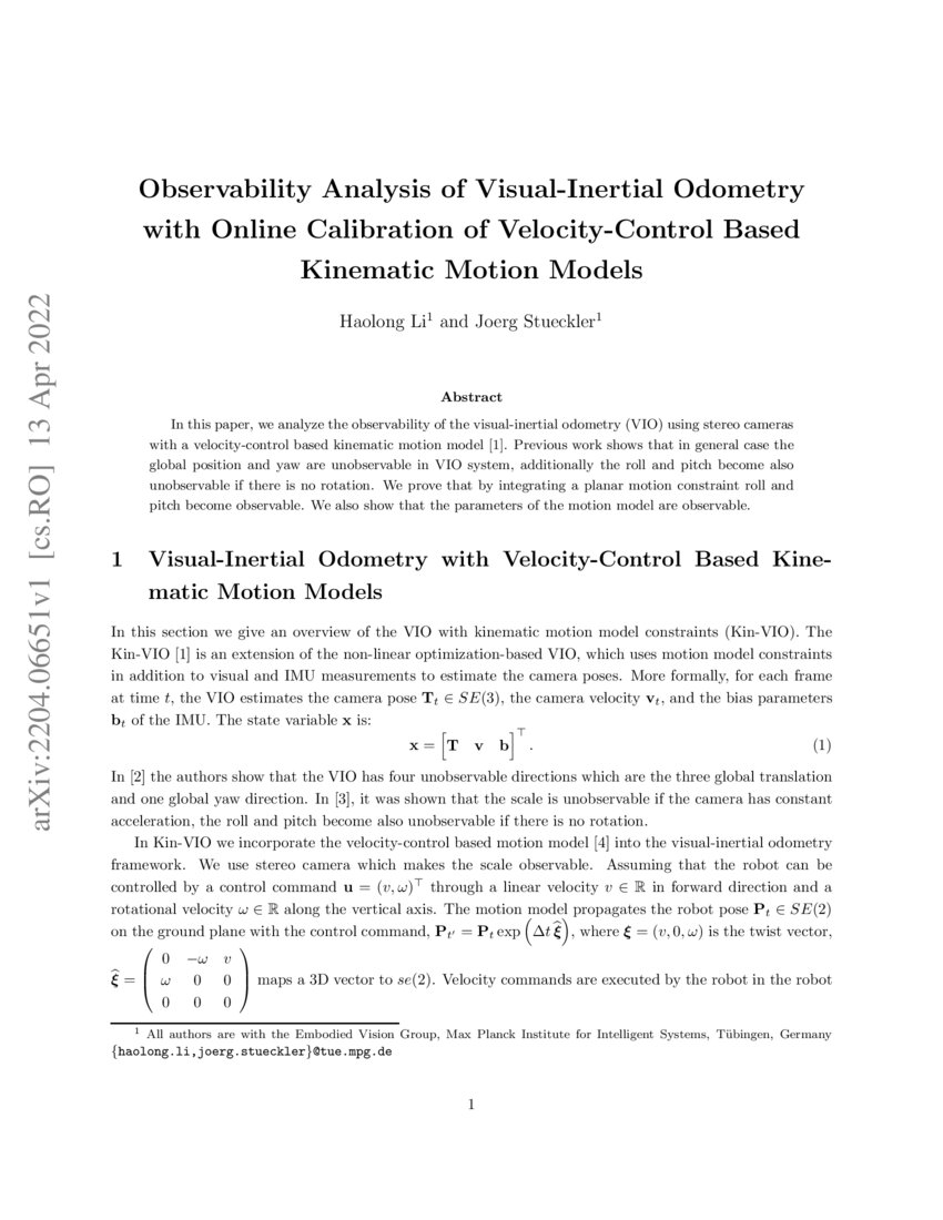 Observability Analysis of Visual-Inertial Odometry with Online Calibration of Velocity-Control ...