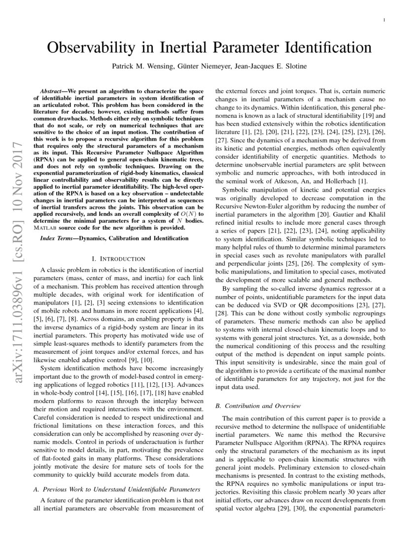 Observability in Inertial Parameter Identification | DeepAI