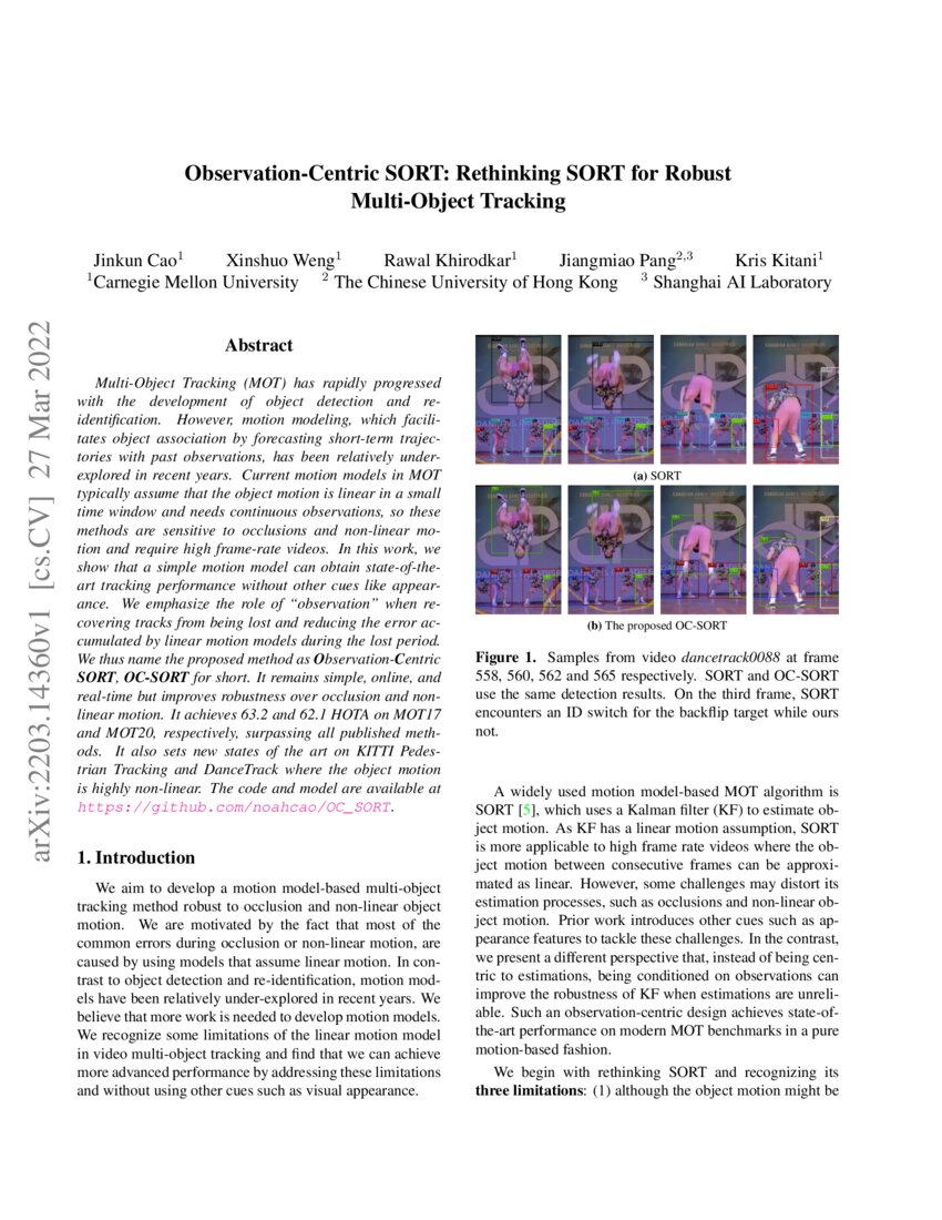 Observation-Centric SORT: Rethinking SORT for Robust Multi-Object Tracking | DeepAI