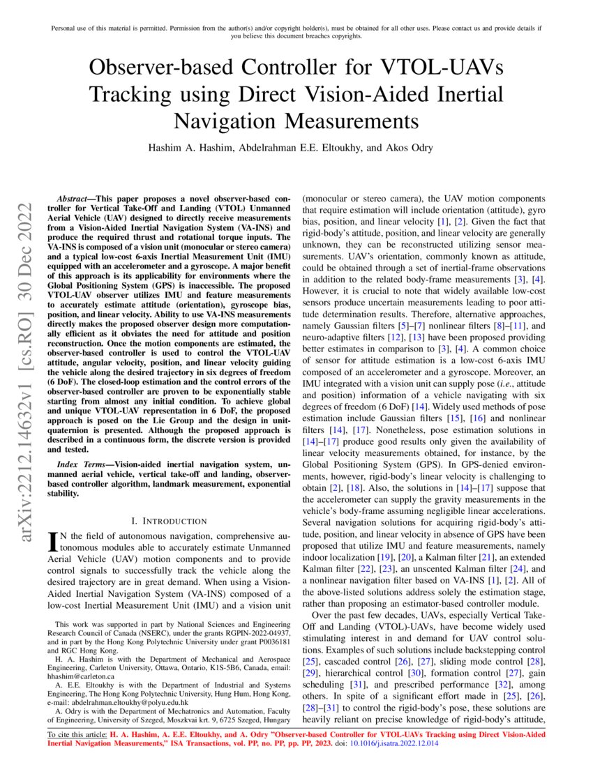 Observer-based Controller for VTOL-UAVs Tracking using Direct Vision-Aided Inertial Navigation ...