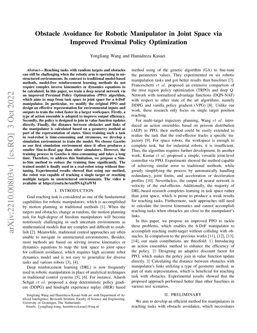 Obstacle Avoidance for Robotic Manipulator in Joint Space via Improved Proximal Policy ...