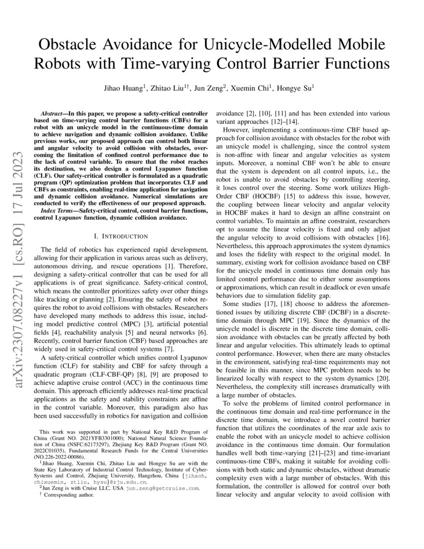 Obstacle Avoidance For Unicycle Modelled Mobile Robots With Time