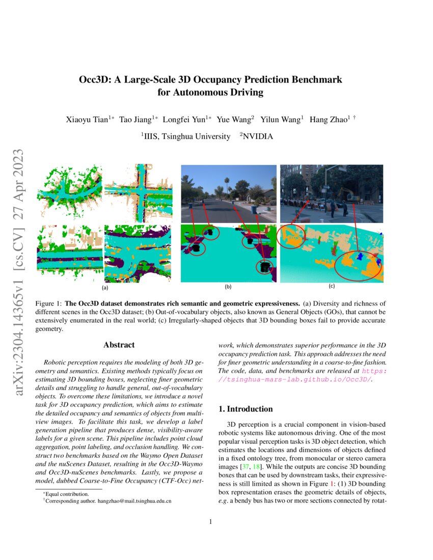 Occ3D: A Large-Scale 3D Occupancy Prediction Benchmark for Autonomous Driving | DeepAI