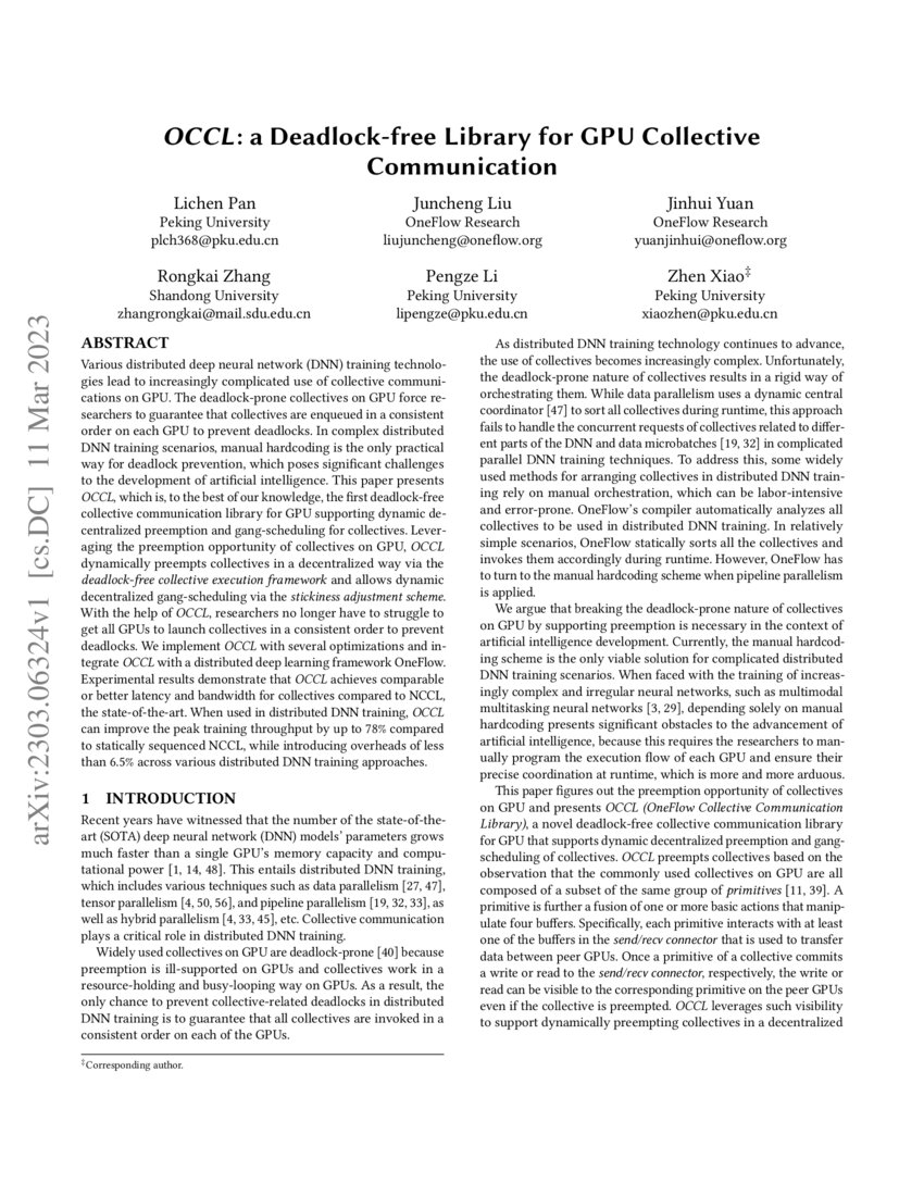 OCCL: a Deadlock-free Library for GPU Collective Communication | DeepAI