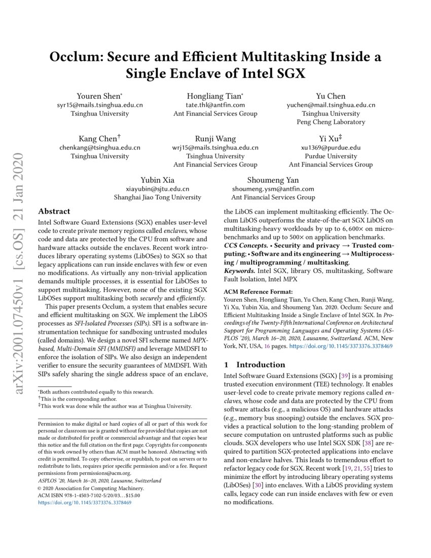 Occlum: Secure and Efficient Multitasking Inside a Single Enclave of ...