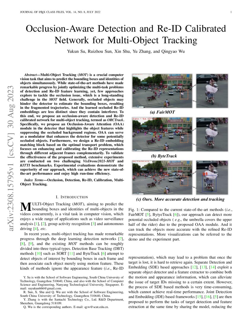 Occlusion Aware Detection And Re Id Calibrated Network For Multi Object Tracking Deepai