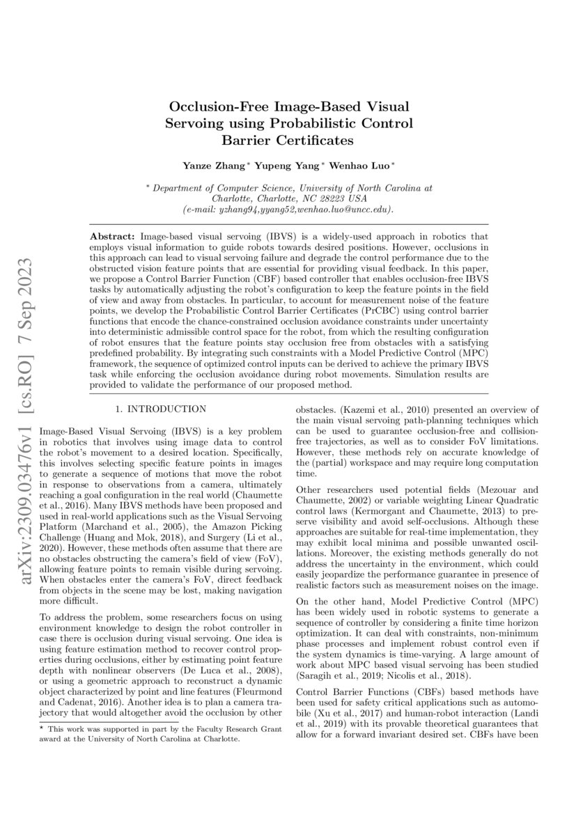 Occlusion-Free Image Based Visual Servoing using Probabilistic Control ...