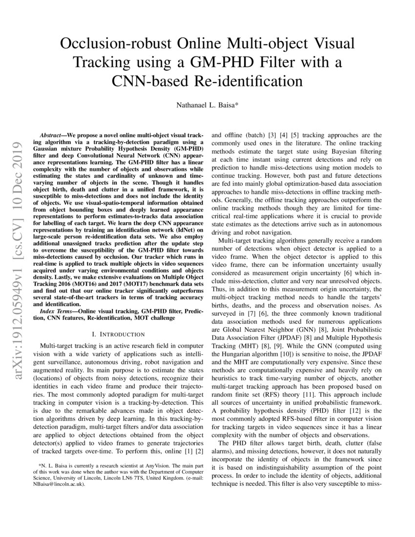 Occlusion Robust Online Multi Object Visual Tracking Using A Gm Phd Filter With A Cnn Based Re 1869