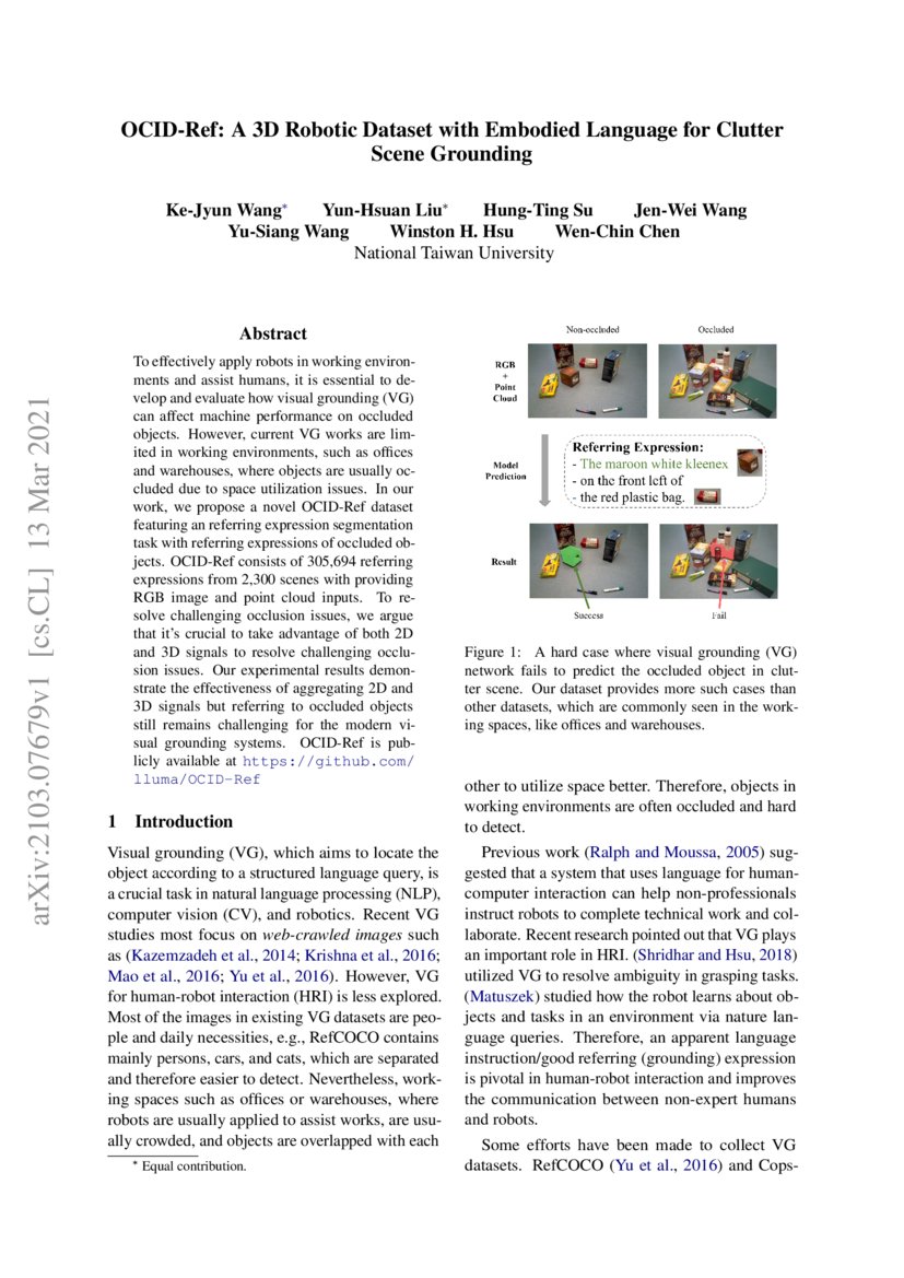 OCID-Ref: A 3D Robotic Dataset with Embodied Language for Clutter Scene Grounding | DeepAI