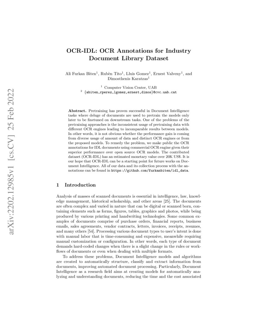 OCR-IDL: OCR Annotations for Industry Document Library Dataset | DeepAI