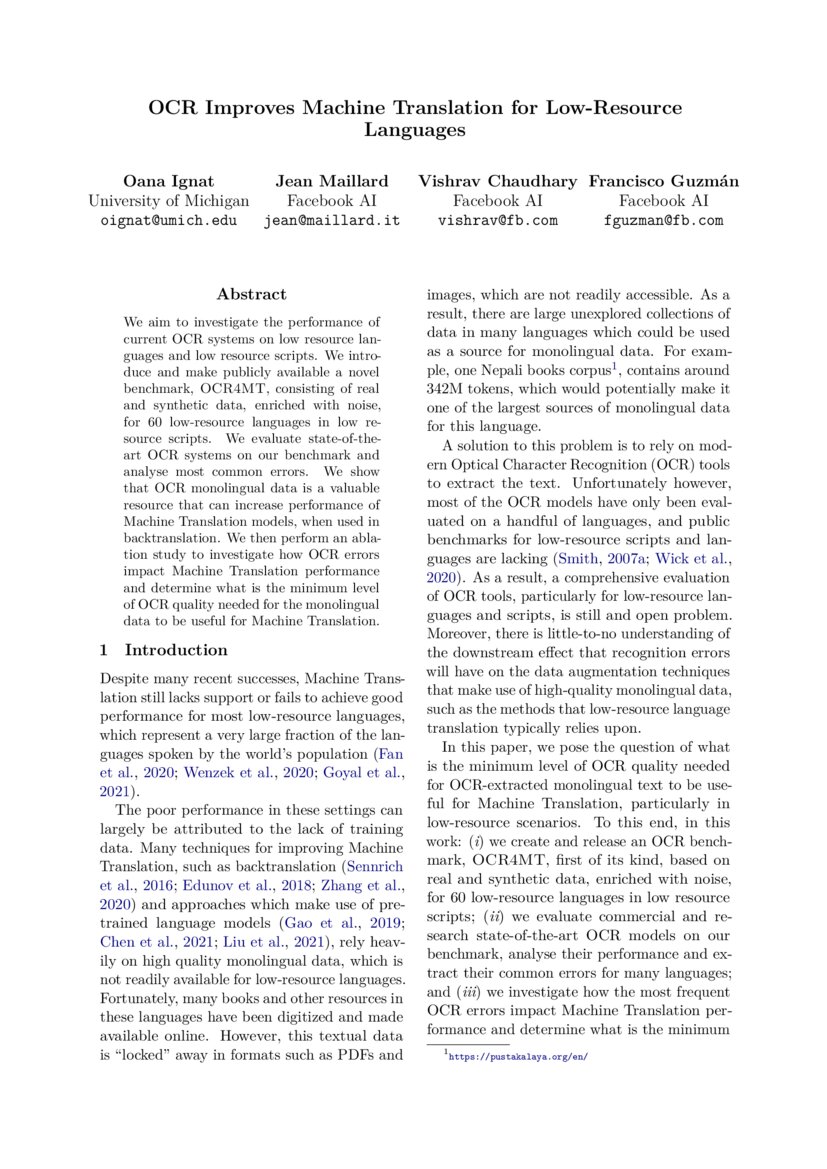 Ocr Improves Machine Translation For Low Resource Languages Deepai