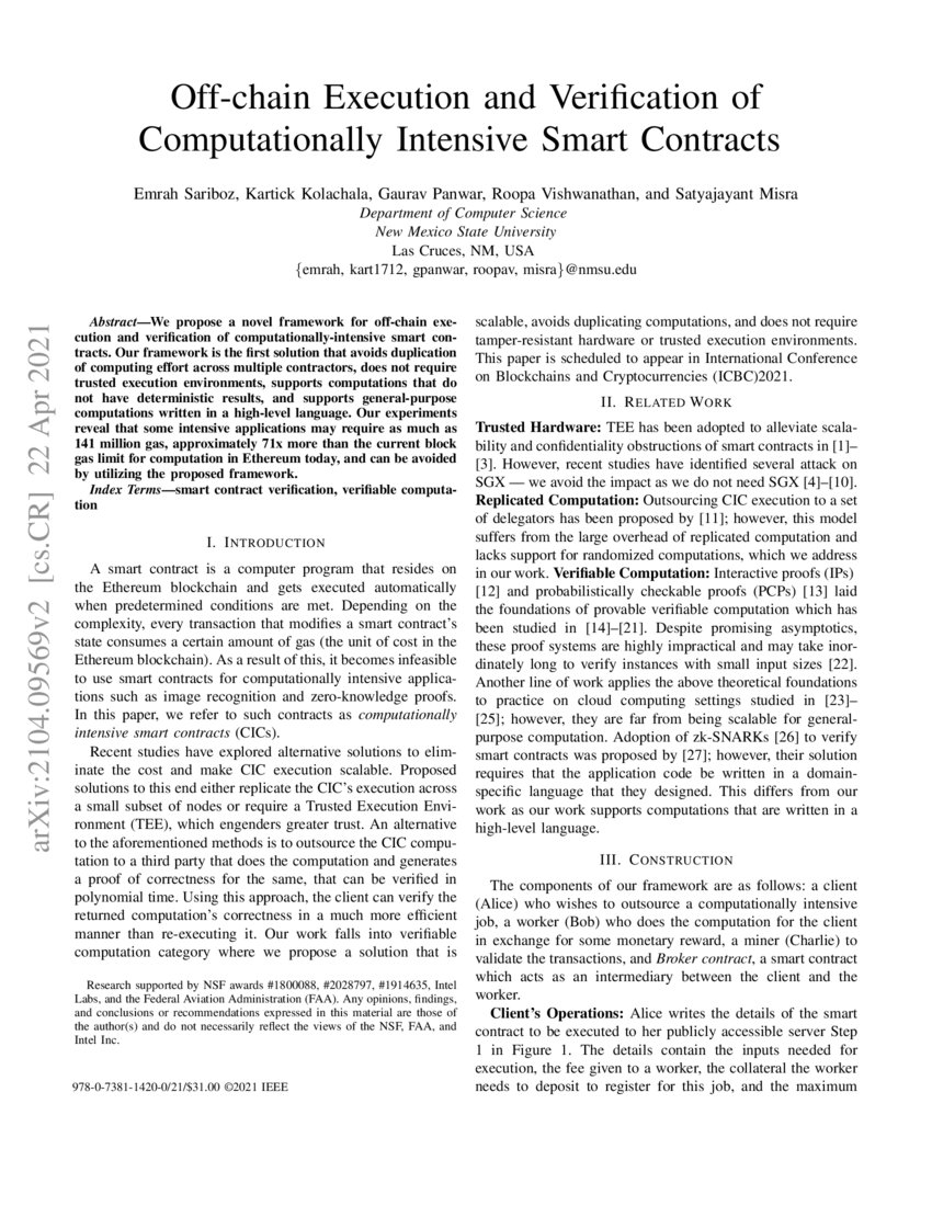 Off Chain Execution And Verification Of Computationally Intensive Smart Contracts Deepai 2579