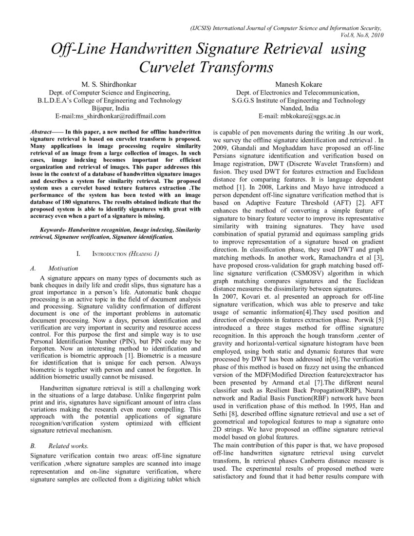 Off-Line Handwritten Signature Retrieval using Curvelet Transforms | DeepAI
