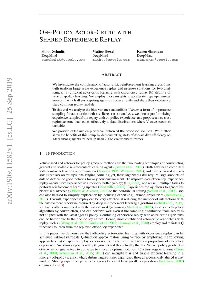 Off-Policy Actor-Critic with Shared Experience Replay | DeepAI