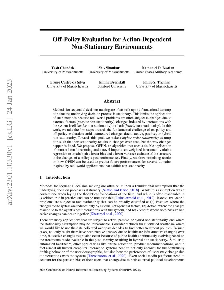 Off Policy Evaluation For Action Dependent Non Stationary Environments Deepai