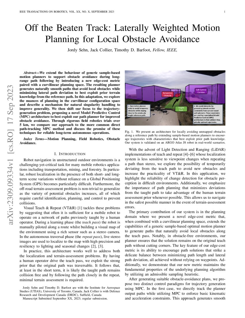 Off the Beaten Track: Laterally Weighted Motion Planning for Local Obstacle Avoidance | DeepAI