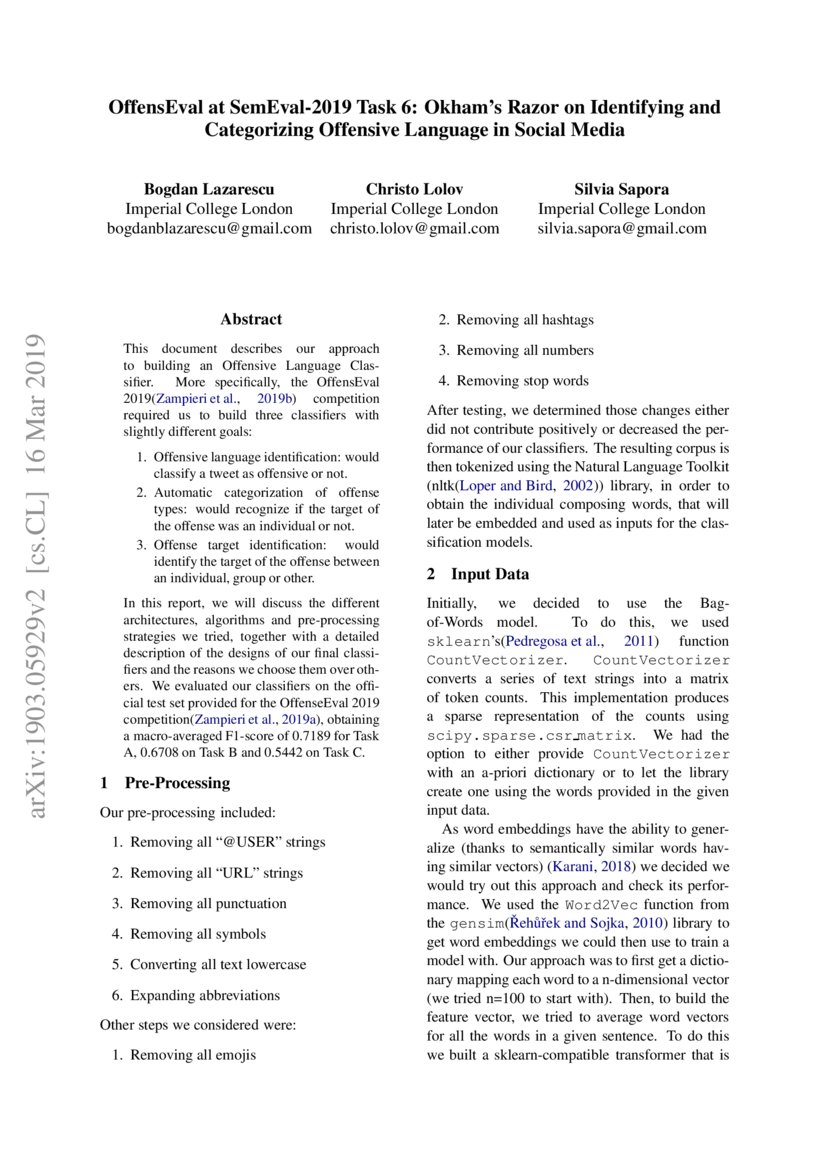 Offenseval At Semeval 2019 Task 6 Okhams Razor On Identifying And Categorizing Offensive