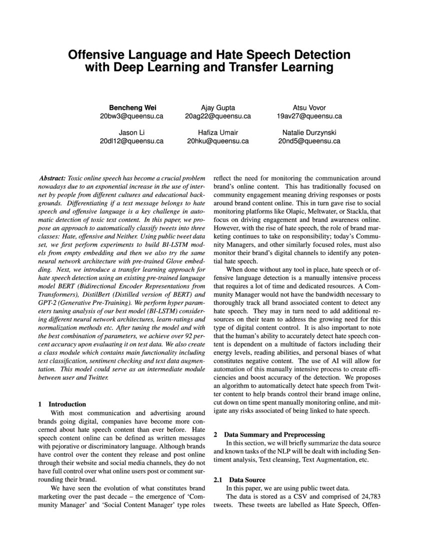 Offensive Language And Hate Speech Detection With Deep Learning And Transfer Learning Deepai