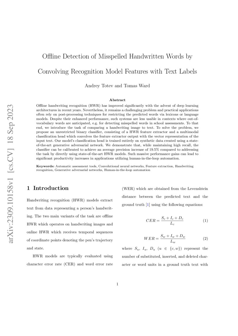 Offline Detection Of Misspelled Handwritten Words By Convolving