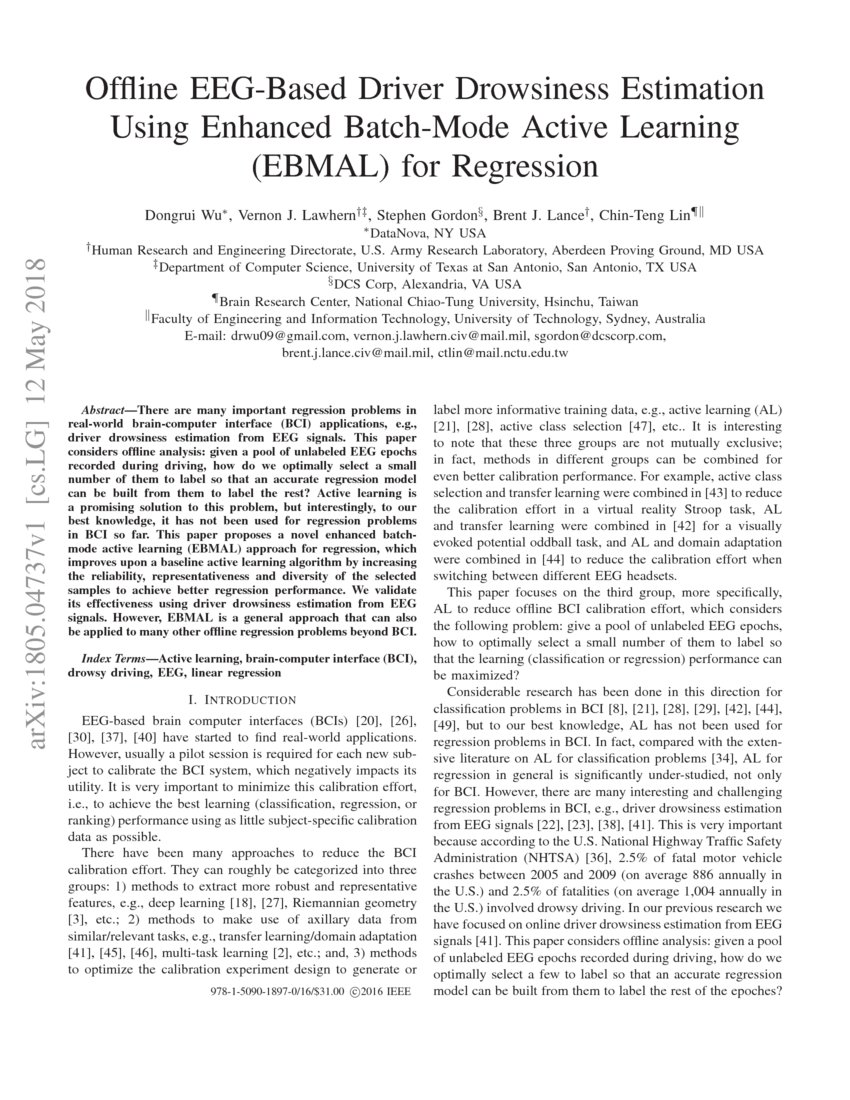 Offline Eeg Based Driver Drowsiness Estimation Using Enhanced Batch Mode Active Learning Ebmal 