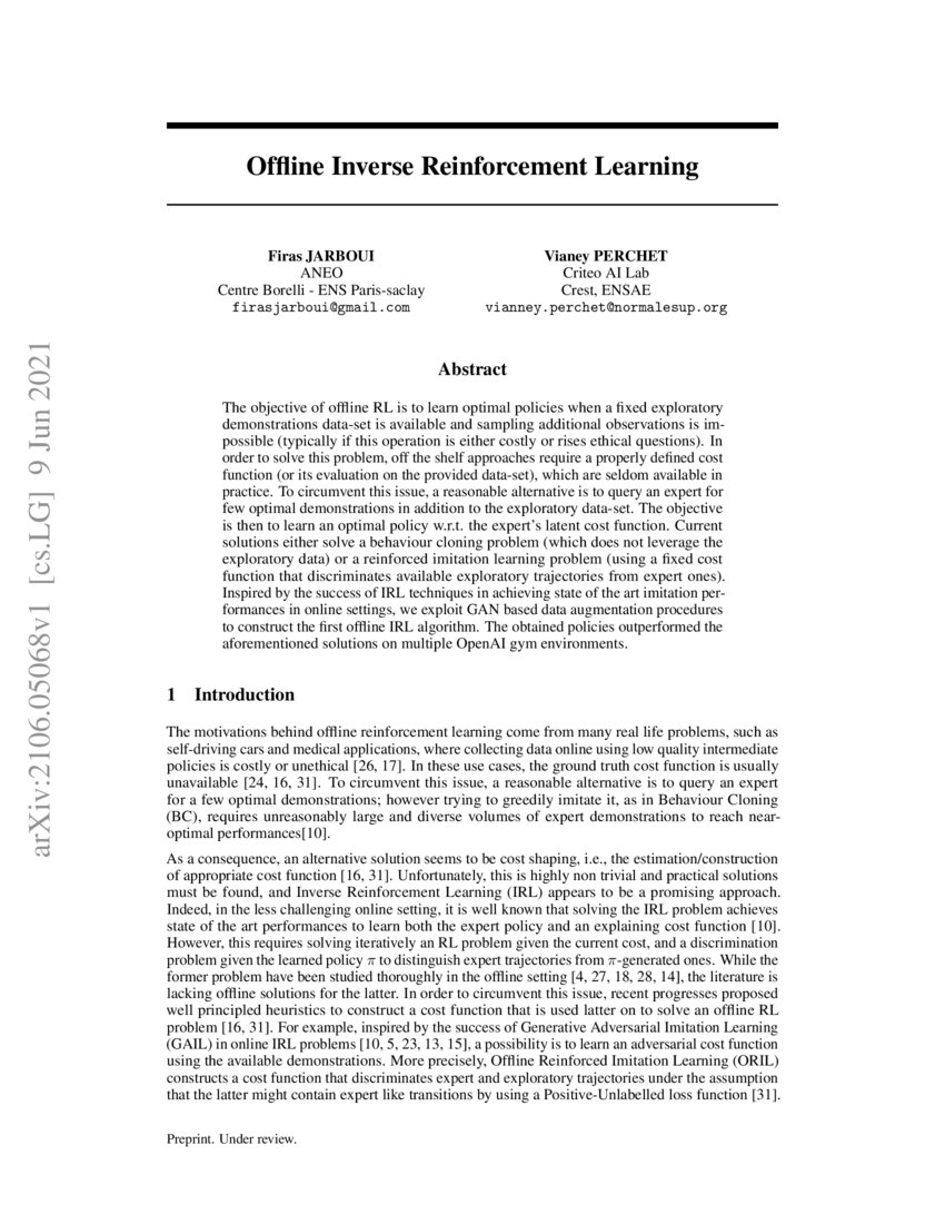 Offline Inverse Reinforcement Learning | DeepAI