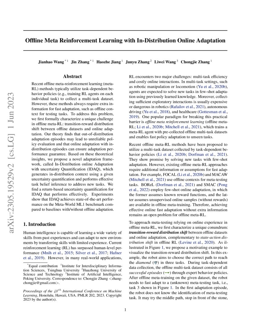 Offline Meta Reinforcement Learning With In Distribution Online Adaptation Deepai
