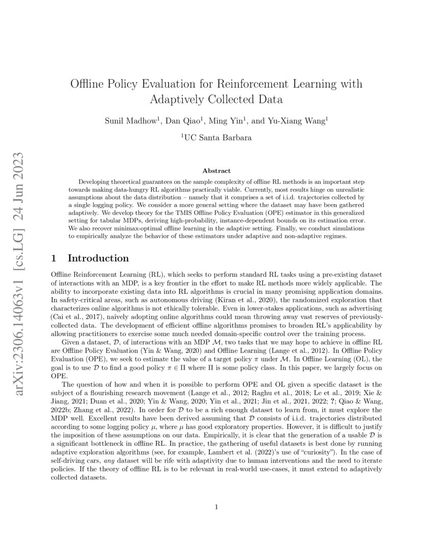Offline Policy Evaluation For Reinforcement Learning With Adaptively Collected Data Deepai 5779
