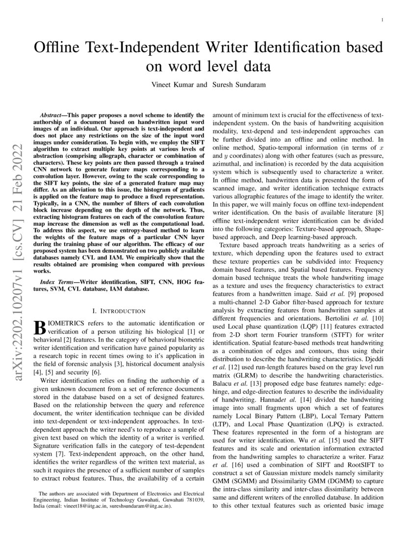 Offline Text Independent Writer Identification Based On Word Level Data Deepai