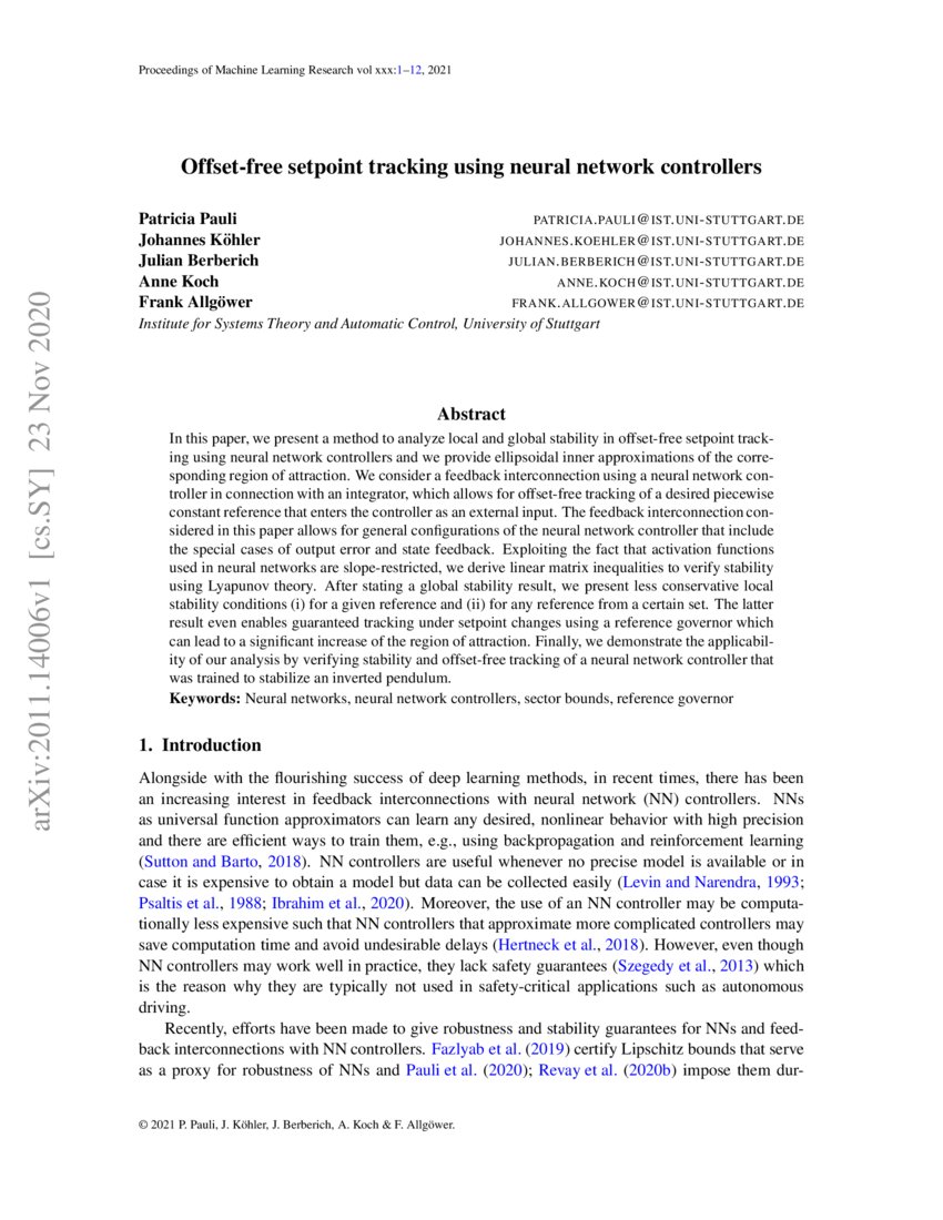 Offset Free Setpoint Tracking Using Neural Network Controllers Deepai