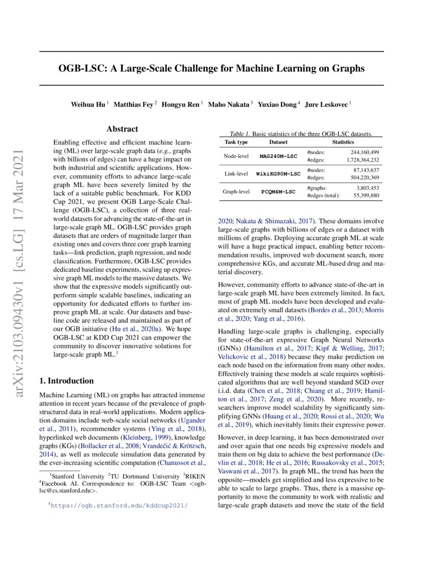 OGB-LSC: A Large-Scale Challenge for Machine Learning on Graphs | DeepAI