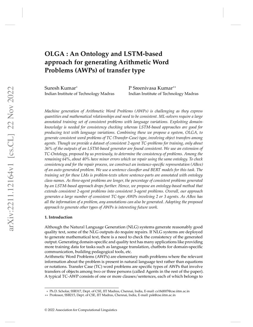 Olga An Ontology And Lstm Based Approach For Generating Arithmetic Word Problems Awps Of