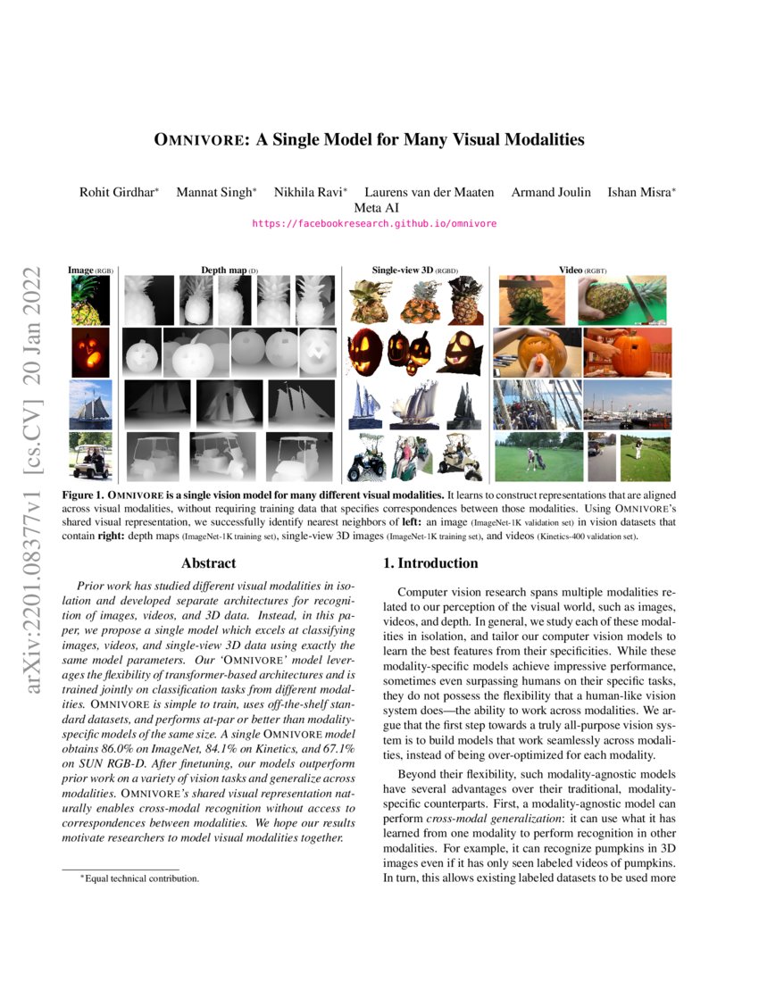 Omnivore: A Single Model for Many Visual Modalities | DeepAI