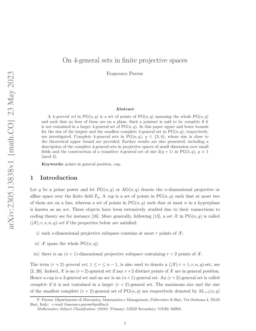 On 4 General Sets In Finite Projective Spaces Deepai