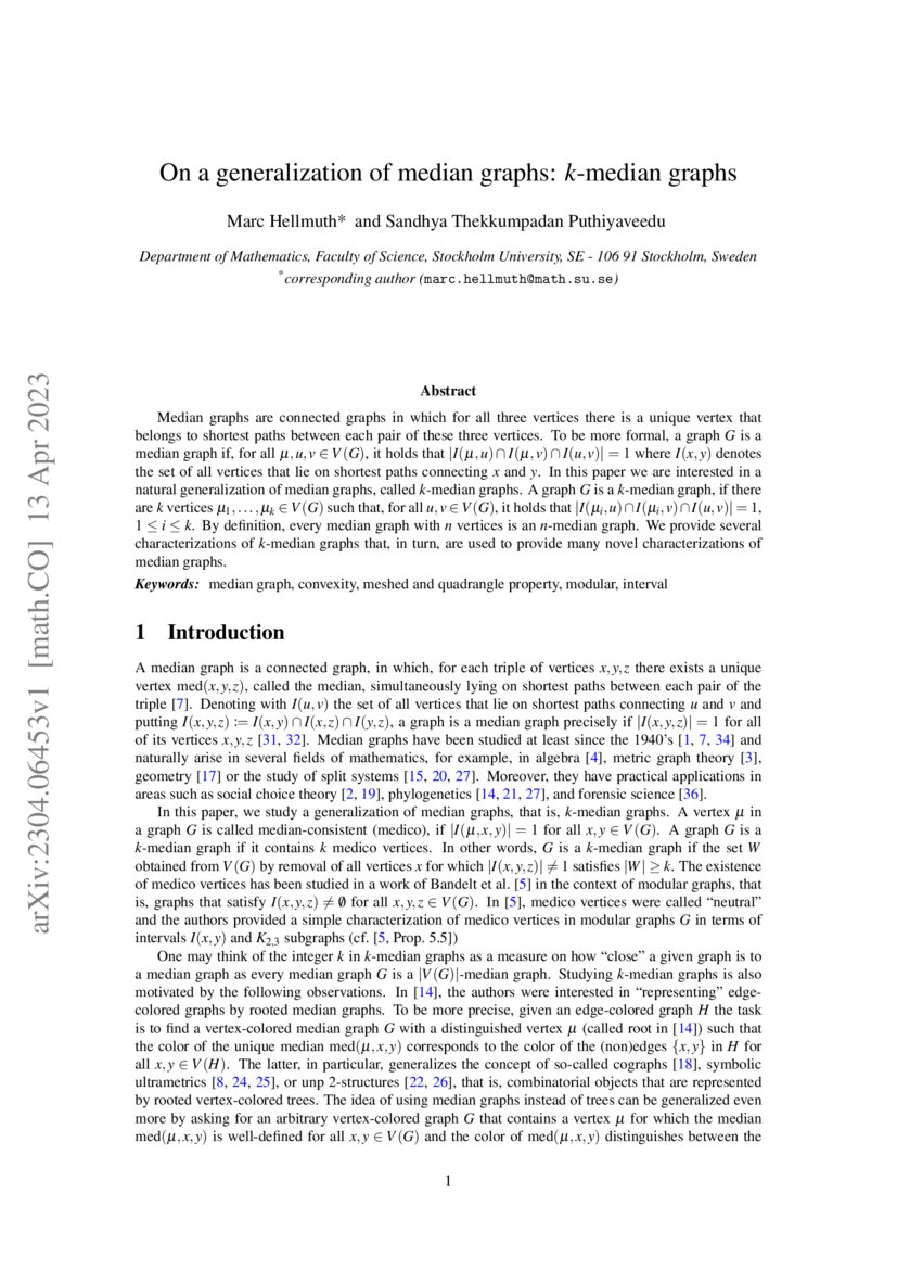 On a generalization of median graphs: k-median graphs | DeepAI