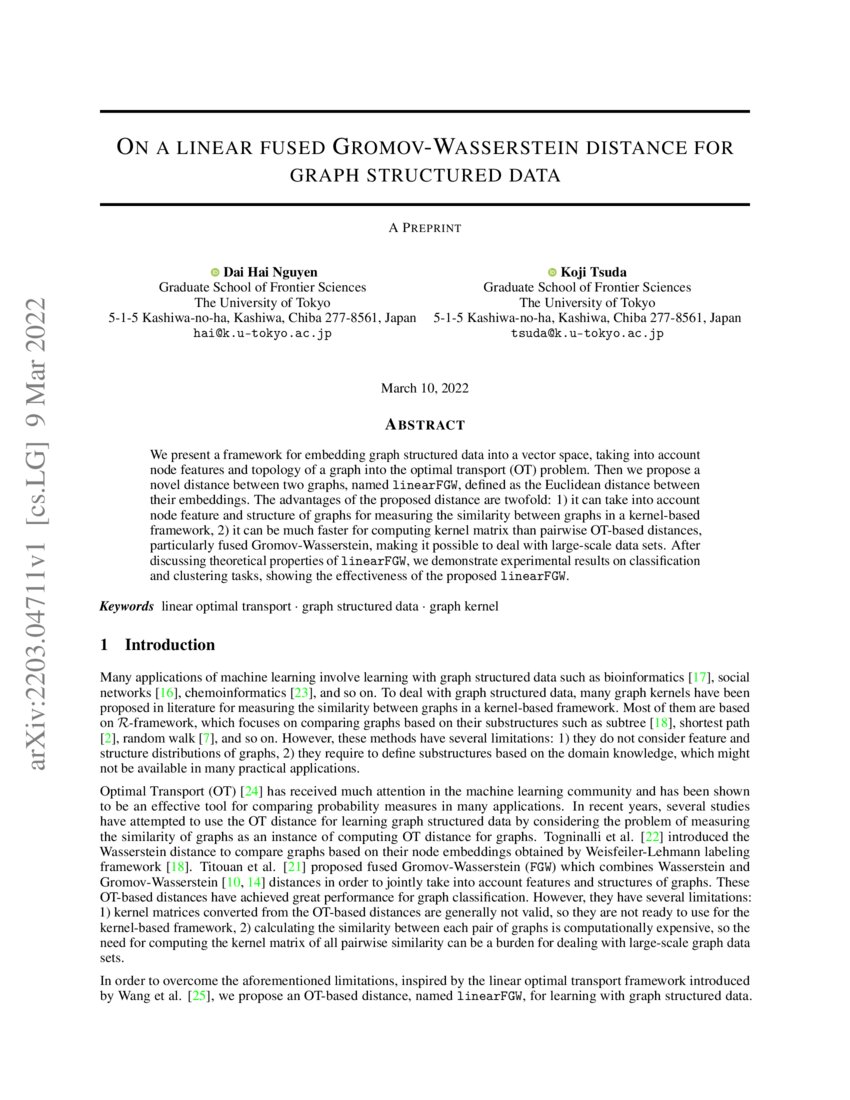 On a linear fused Gromov-Wasserstein distance for graph structured data ... On a linear fused Gromov-Wasserstein distance for graph structured data ...