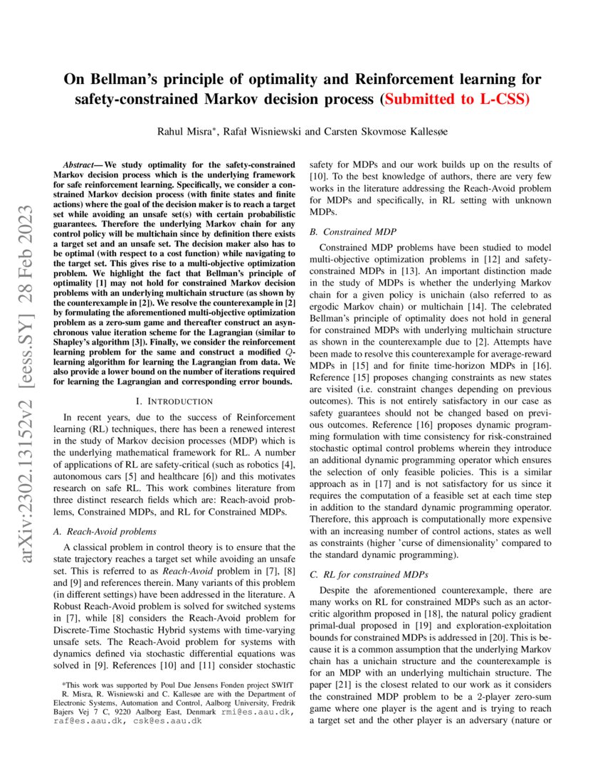 On Bellman's principle of optimality and Reinforcement learning for safety-constrained Markov ...