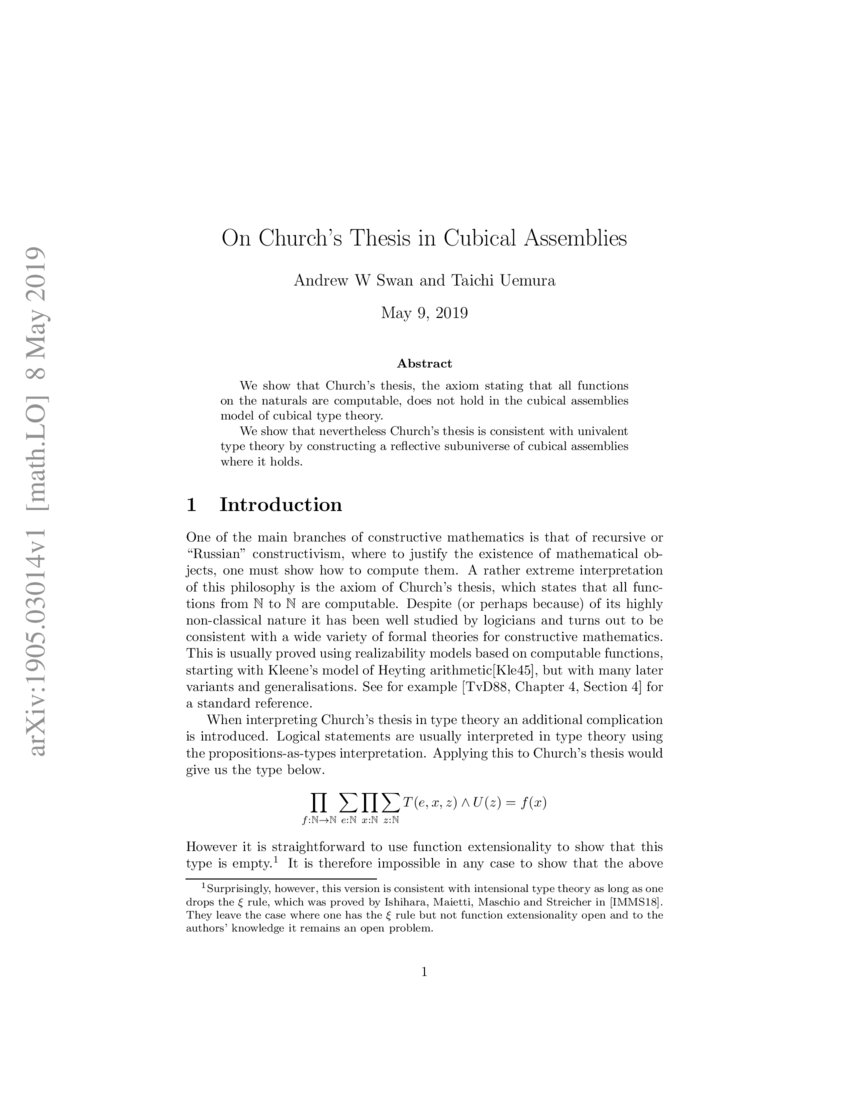 On Church's Thesis in Cubical Assemblies | DeepAI