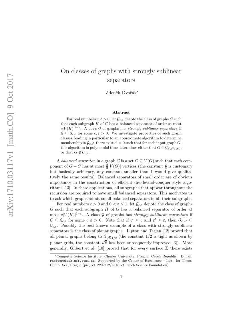 On classes of graphs with strongly sublinear separators | DeepAI