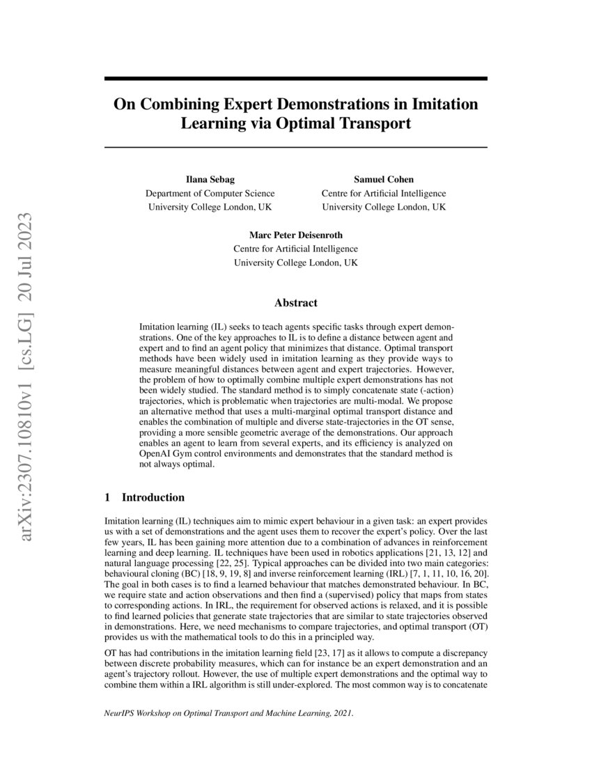On Combining Expert Demonstrations in Imitation Learning via Optimal Transport | DeepAI