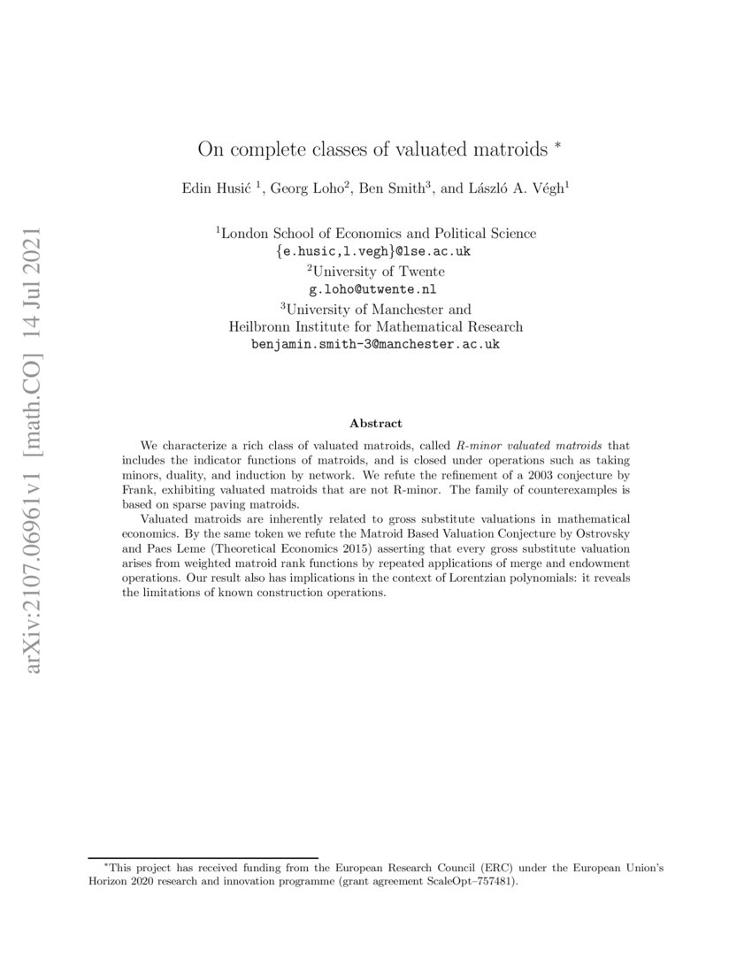 On Complete Classes Of Valuated Matroids Deepai 
