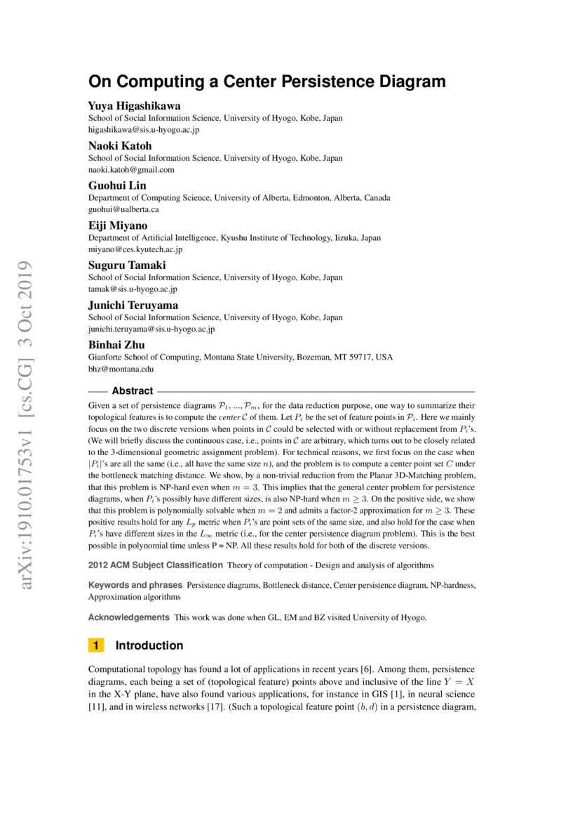 On Computing a Center Persistence Diagram | DeepAI