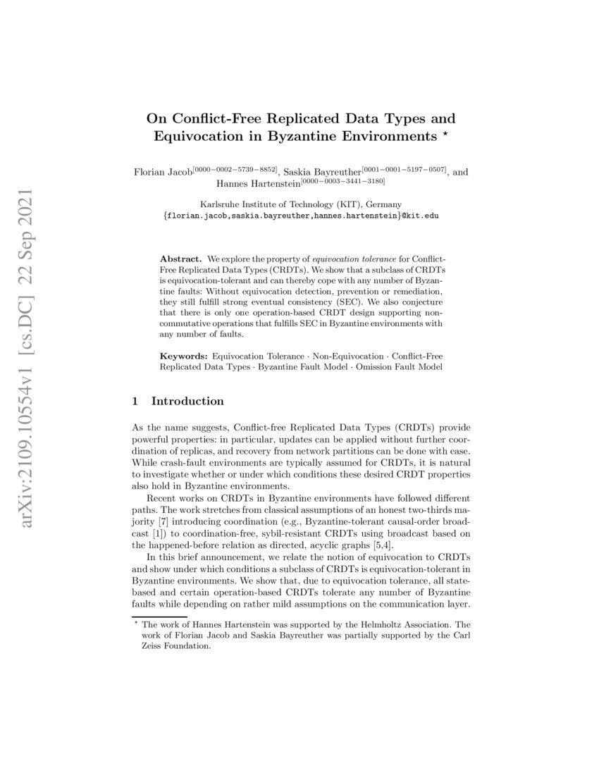 On Conflict-Free Replicated Data Types and Equivocation in Byzantine Setups | DeepAI