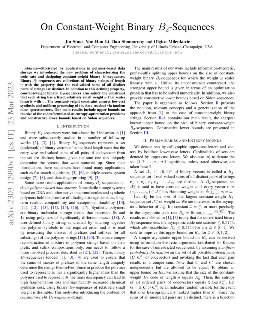 On Constant-Weight Binary B_2-Sequences | DeepAI
