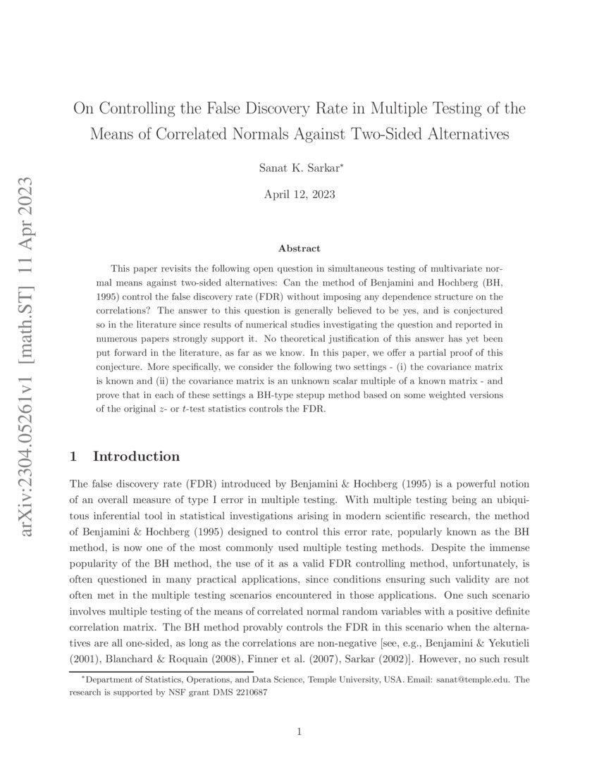On Controlling The False Discovery Rate In Multiple Testing Of The Means Of Correlated Normals 