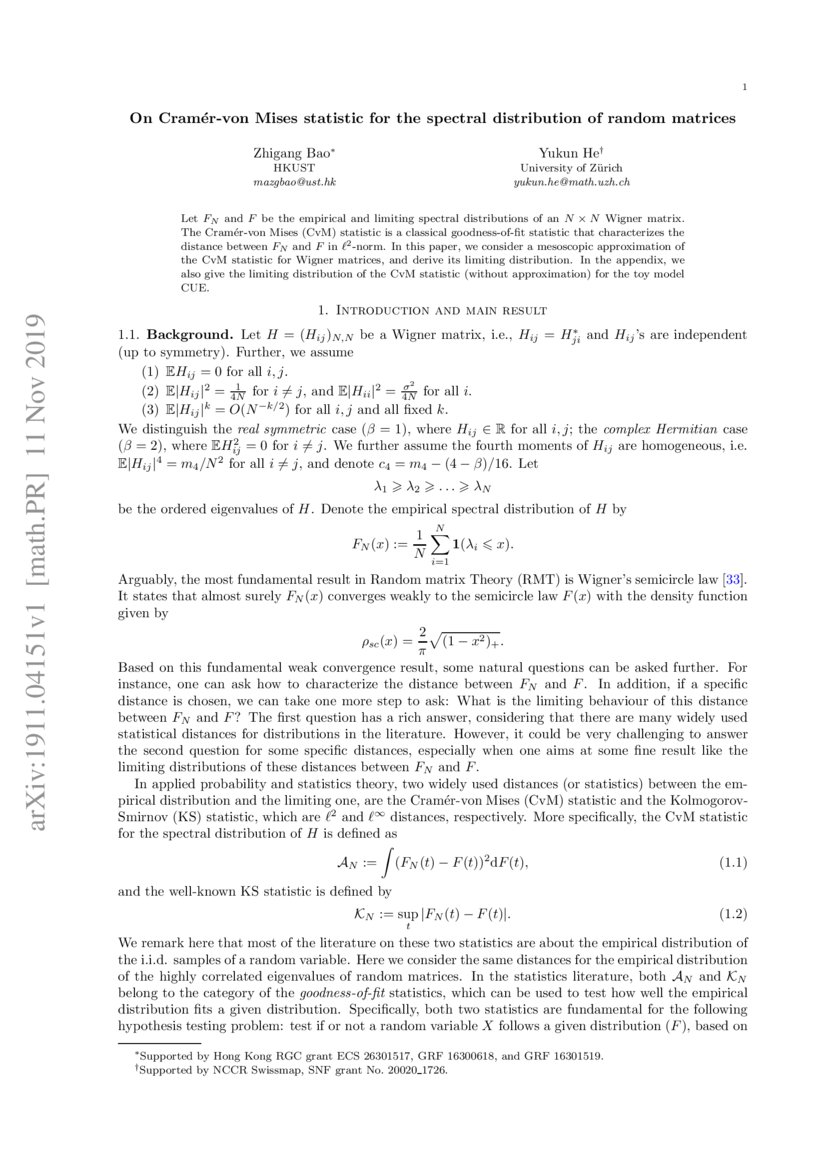 On Cramér-von Mises statistic for the spectral distribution of random ...